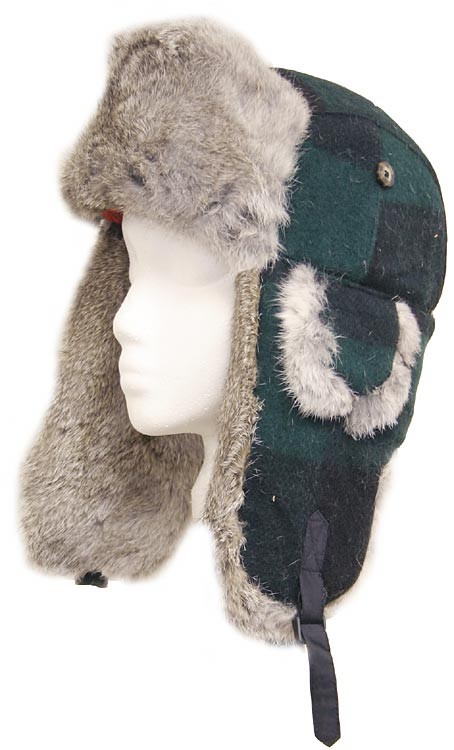 Mad Bomber Green Plaid Wool Bomber Hats with Grey Rabbit Fur 304W66